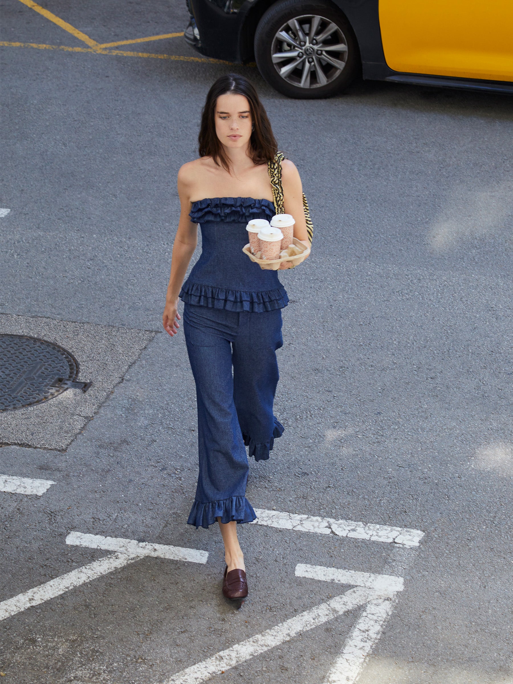 Blue denim strapless top with ruffles | CARMEN SAYS