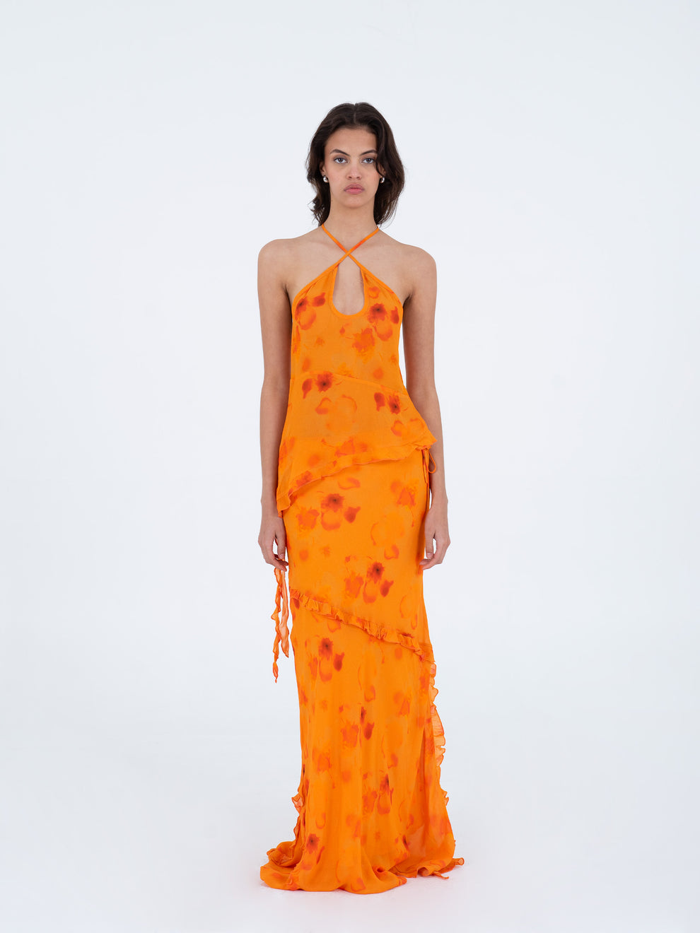 Orange halterneck blouse with ruffles and asymmetric neckline | CARMEN SAYS