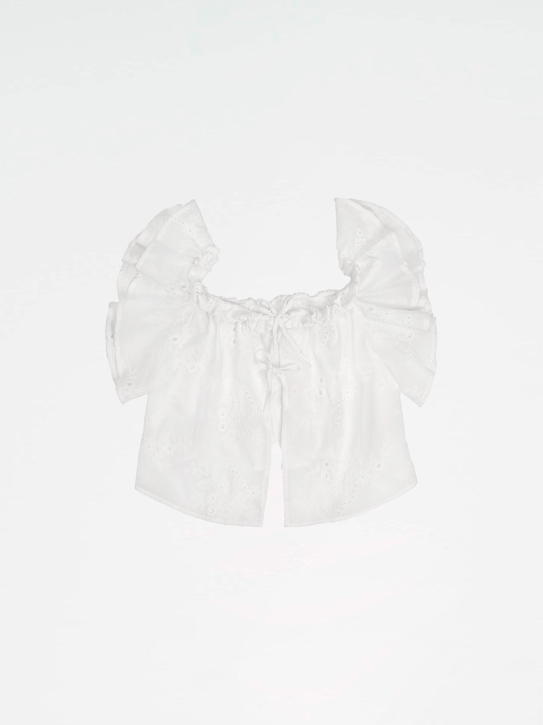 White sleeveless mesh blouse with gathered neckline | Carmen Says
