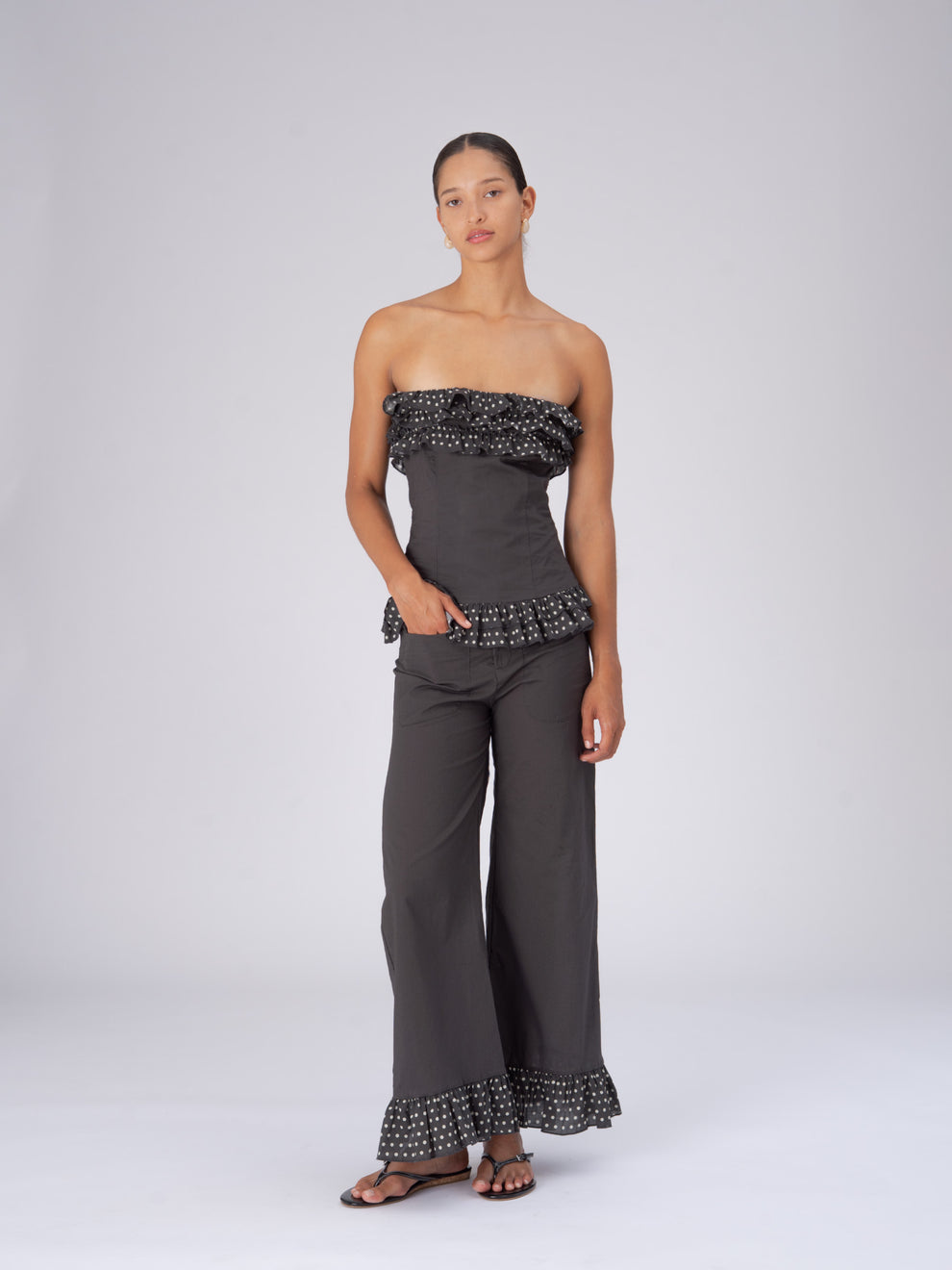 Brown polka dot Night Noctis top with a square neckline | CARMEN SAYS